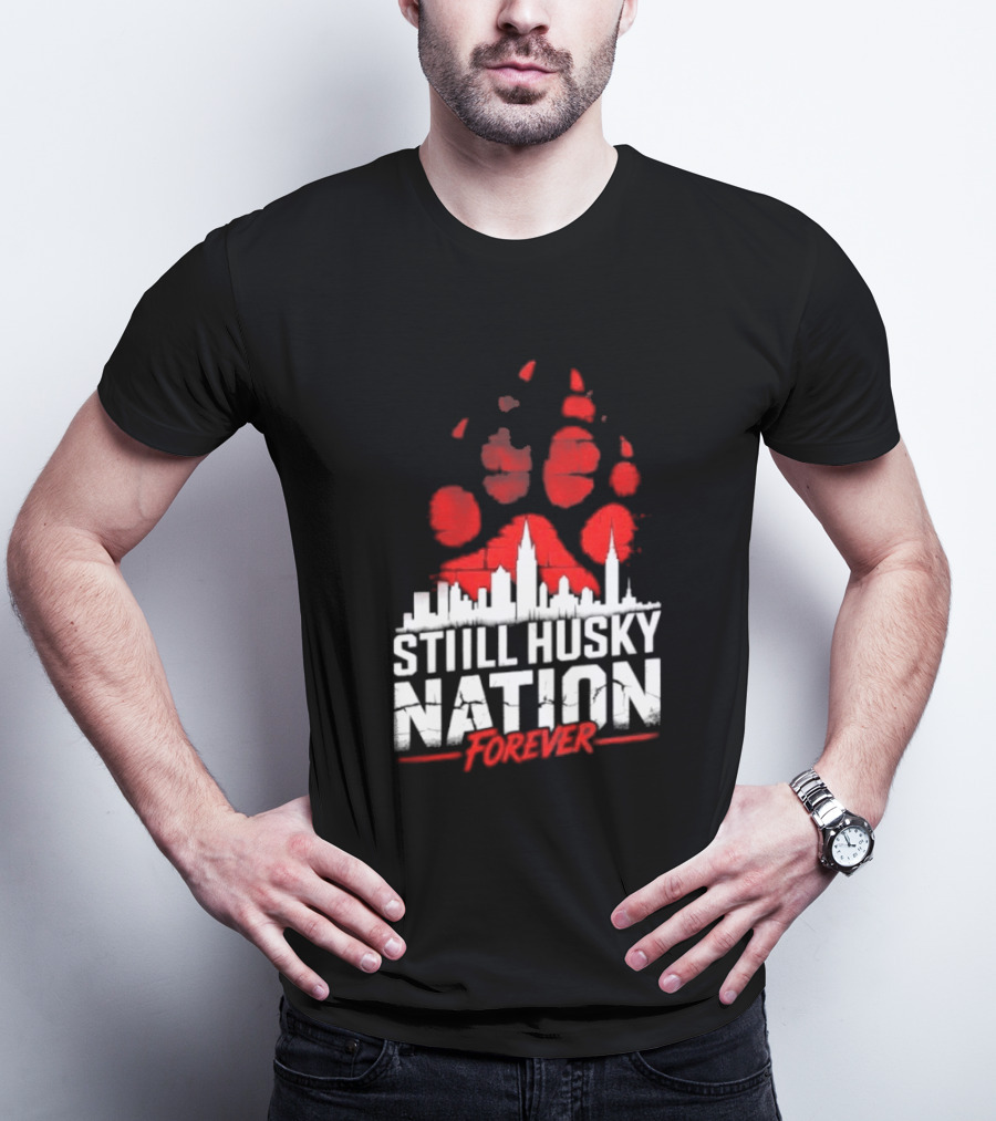 Still Husky Nation Forever Red Paw Print Skyline 2026 NBA UConn Huskies T-Shirt