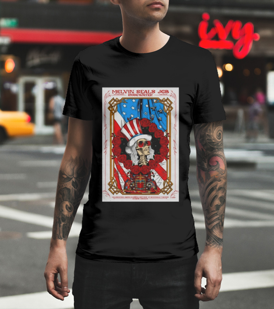 Melvin Seals JGB Rosewater July 4 2026 McDonald Theatre Eugene Oregon Patriotic Skull T-Shirt