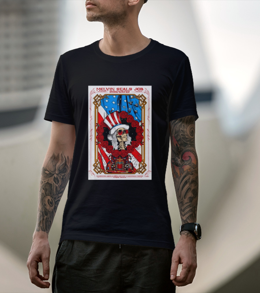 Melvin Seals JGB Rosewater July 4 2026 McDonald Theatre Eugene Oregon Patriotic Skull T-Shirt