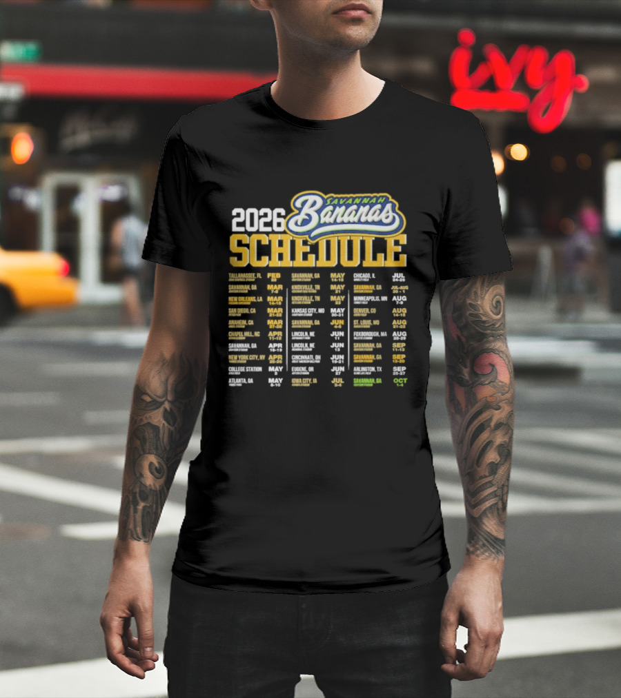 Savannah Bananas 2026 World Tour Schedule Dates And Locations T-Shirt