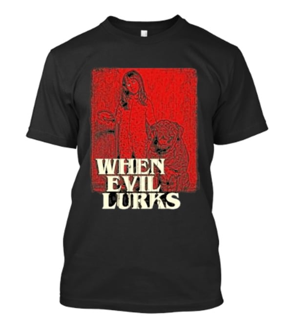 When Evil Lurks Red Background Girl With Bear T-Shirt