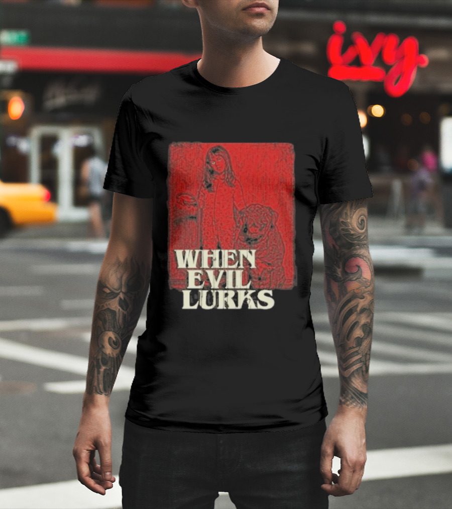 When Evil Lurks Red Background Girl With Bear T-Shirt
