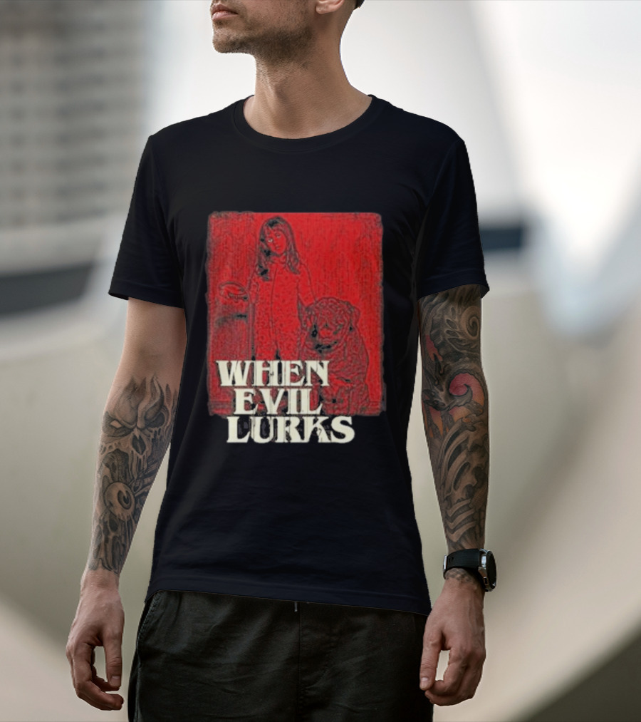 When Evil Lurks Red Background Girl With Bear T-Shirt