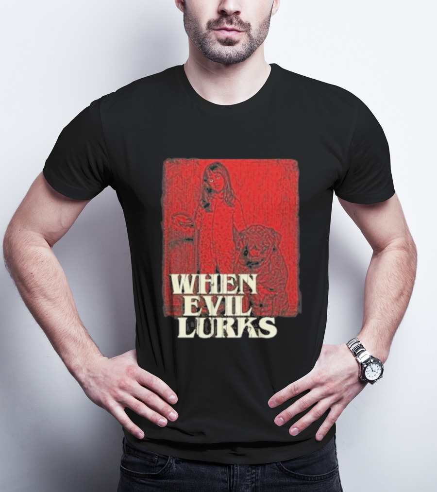 When Evil Lurks Red Background Girl With Bear T-Shirt