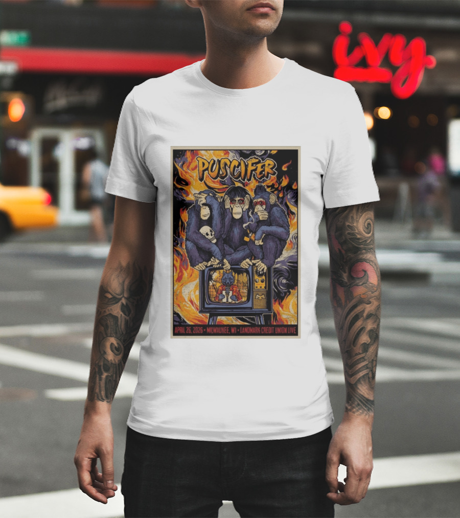 Puscifer April 26 2026 Milwaukee WI Landmark Credit Union Live Monkeys TV Flames T-Shirt