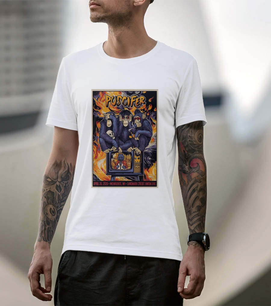 Puscifer April 26 2026 Milwaukee WI Landmark Credit Union Live Monkeys TV Flames T-Shirt