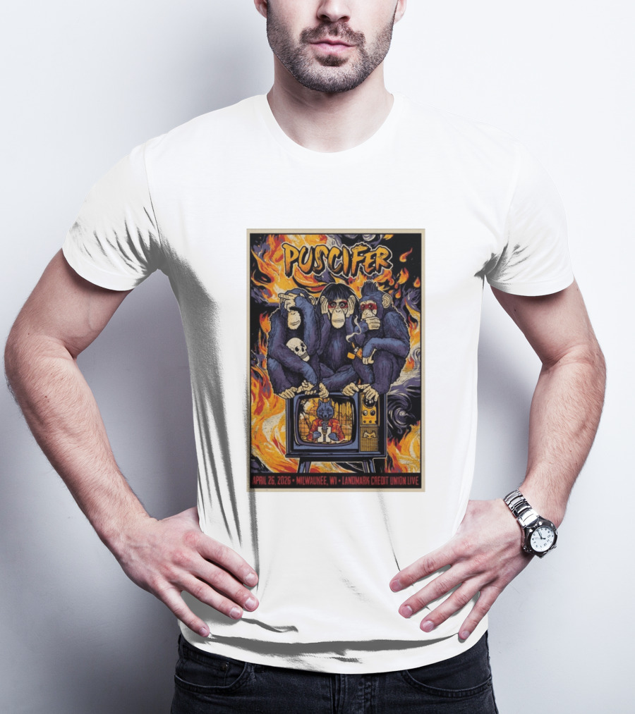 Puscifer April 26 2026 Milwaukee WI Landmark Credit Union Live Monkeys TV Flames T-Shirt
