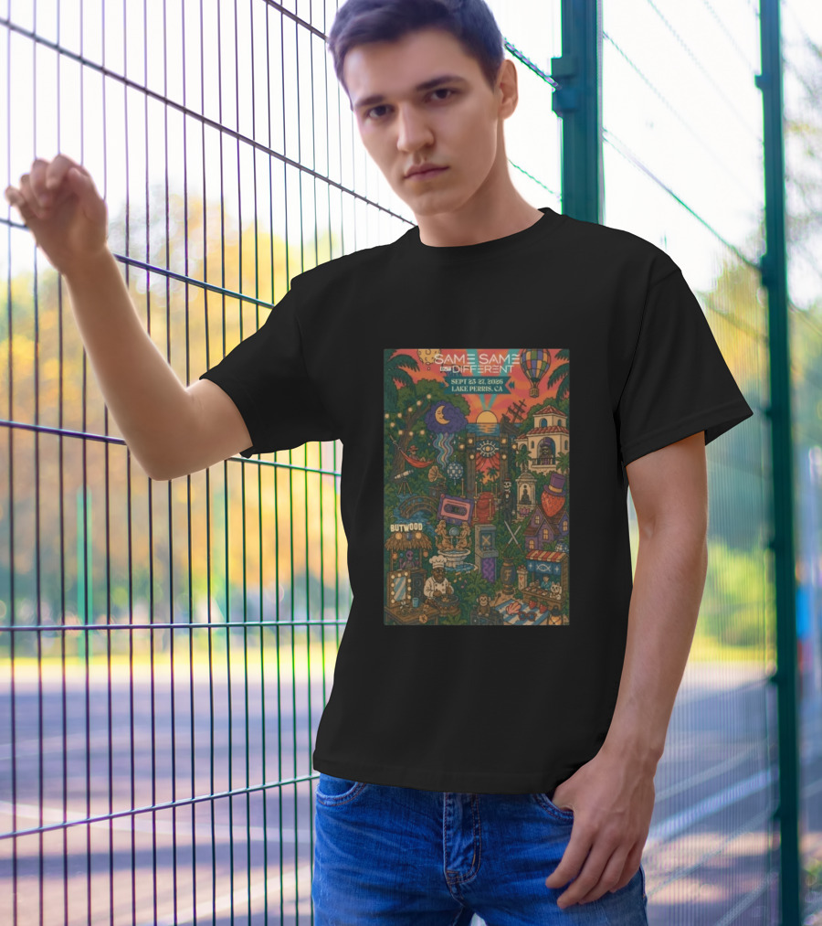 Same Same But Different Festival September 25 27 2026 Lake Perris CA Hot Air Balloon Tropical Landscape T-Shirt