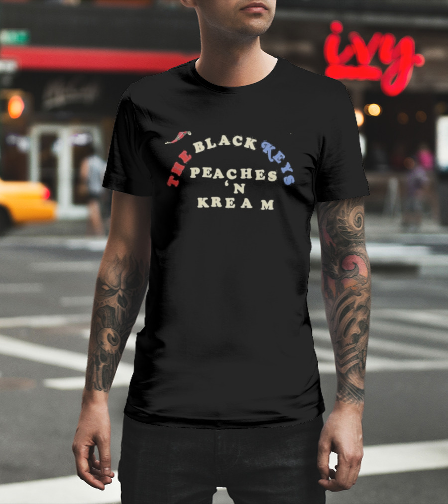 The Black Keys Peaches 'N Kream Red Blue Cream Letters T-Shirt