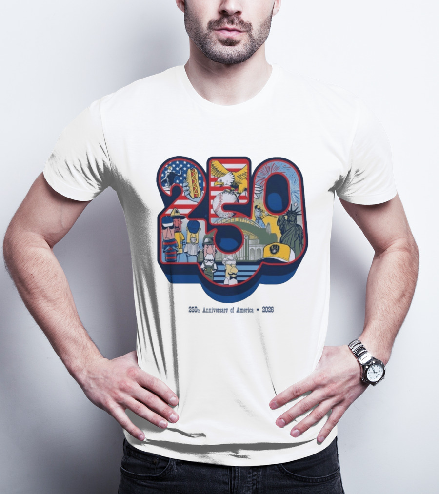 Milwaukee Brewers American Baseball Hotdog Eagle Statue Of Liberty 250th Anniversary Celebration T-Shirt