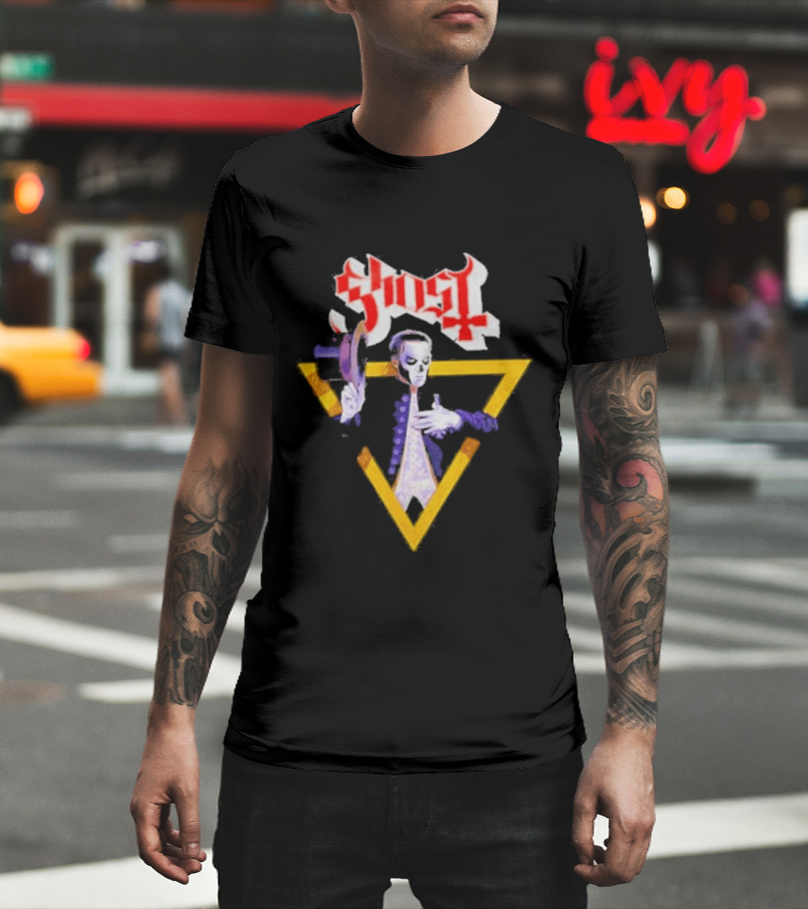 Ghost Papa Emeritus Holding Microphone With Red Gothic T-Shirt