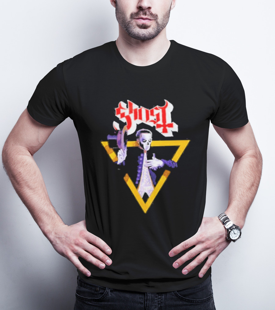 Ghost Papa Emeritus Holding Microphone With Red Gothic T-Shirt