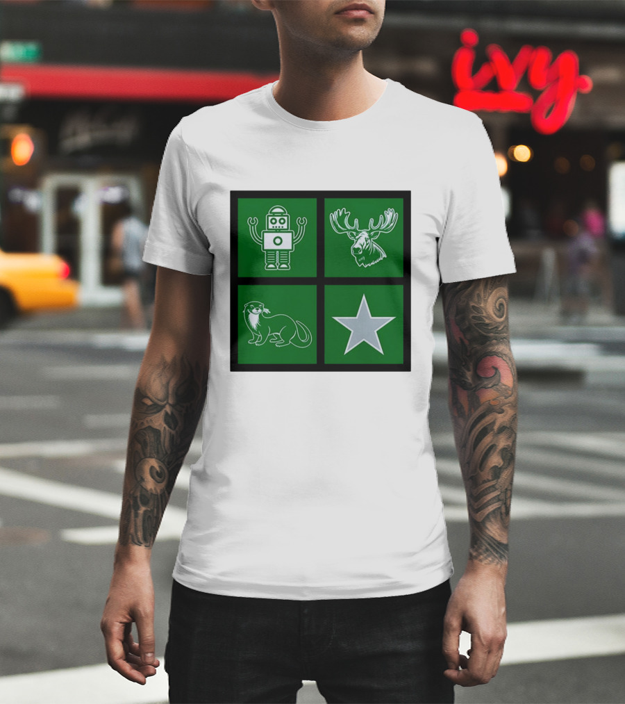 Robot Moose Otter Star Quadrant On Green T-Shirt