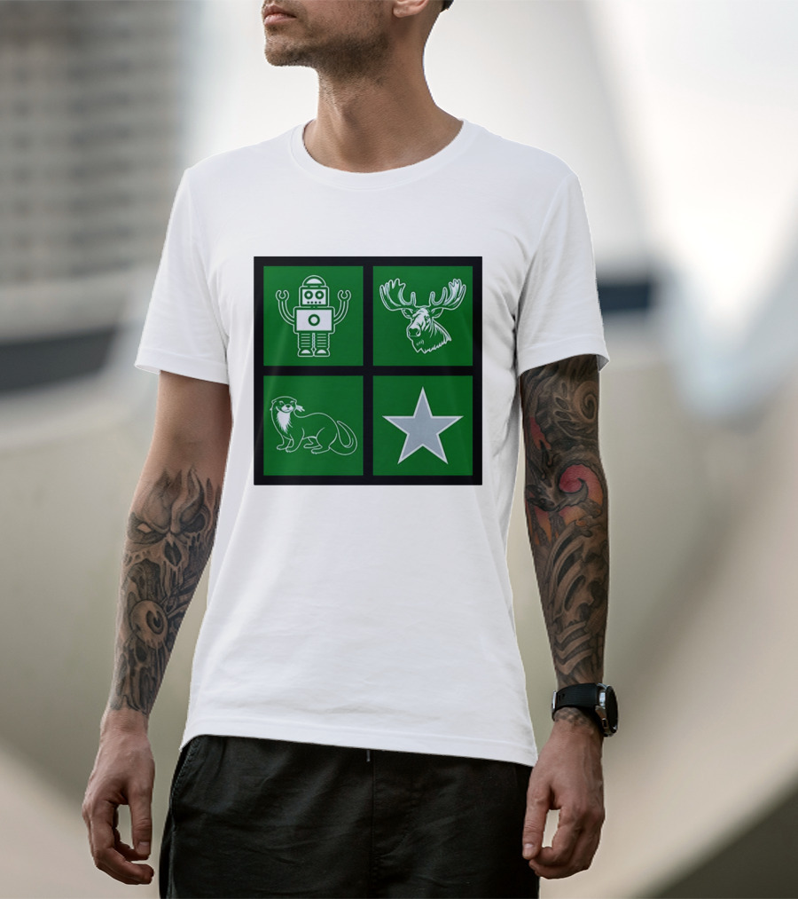 Robot Moose Otter Star Quadrant On Green T-Shirt