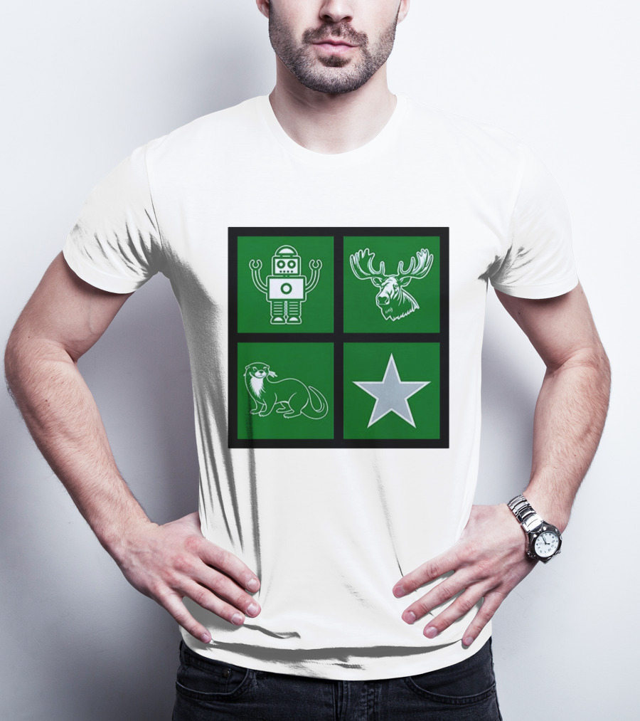 Robot Moose Otter Star Quadrant On Green T-Shirt