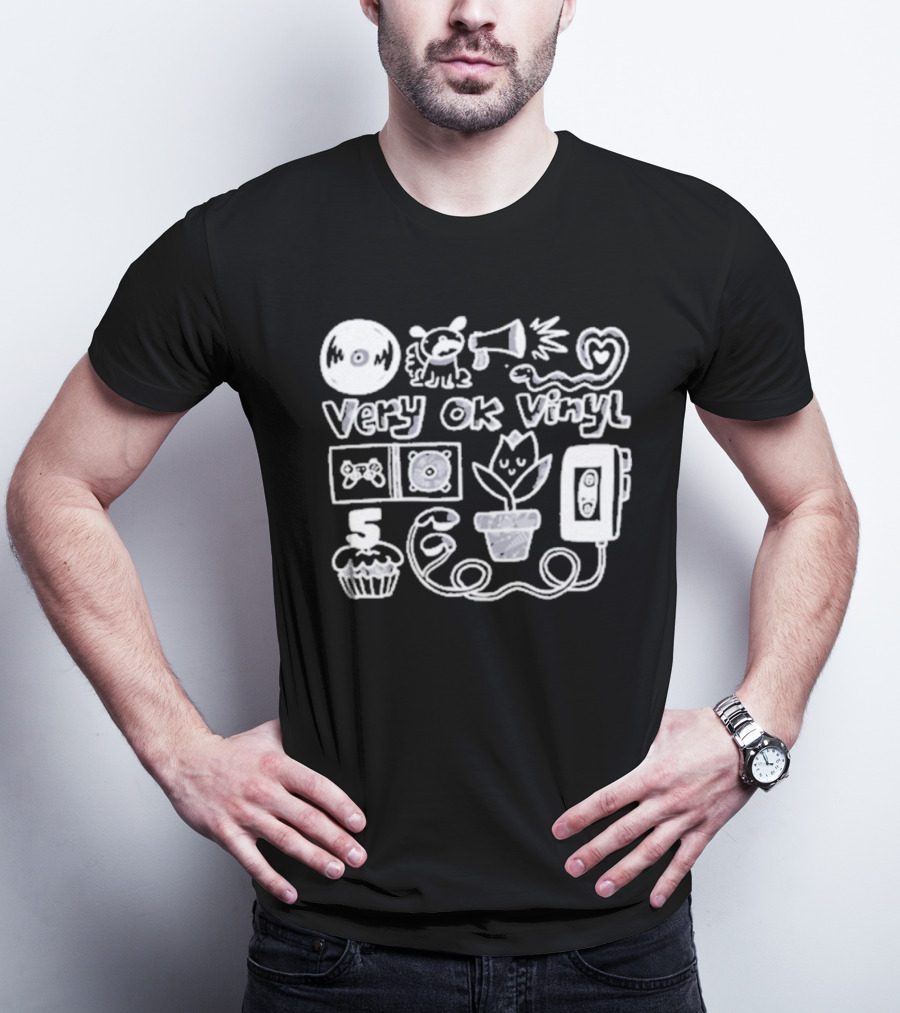 Very Ok Vinyl 5th Anniversary Cupcake Flower Megaphone Heart Cassette Doodle T-Shirt
