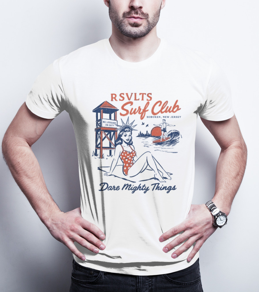 RSVLTS Surf Club Hoboken New Jersey Dare Mighty Things Statue Of Liberty Surfing Vintage Beach Scene T-Shirt