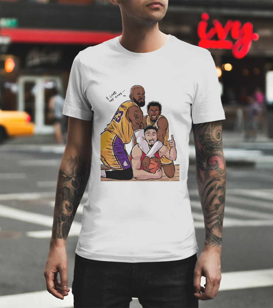 Lebron James Lakers Family Bronny Sengun Cartoon Basketball Scene T-Shirt