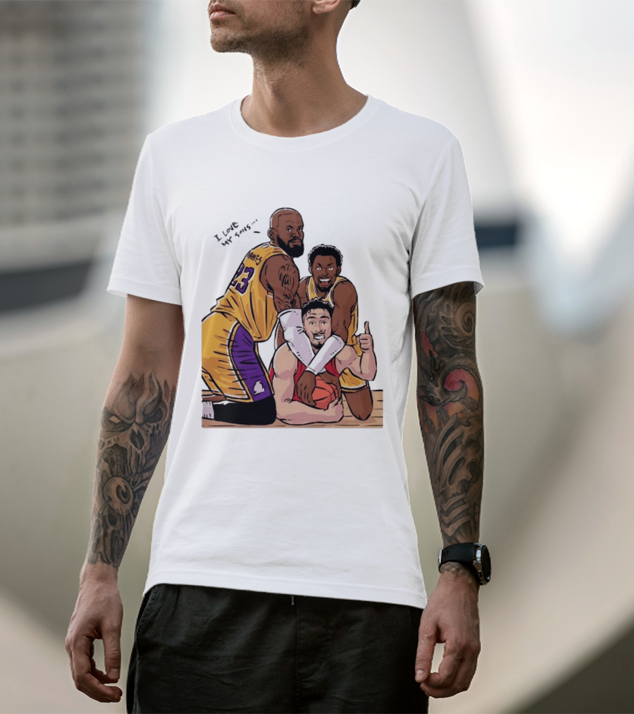 Lebron James Lakers Family Bronny Sengun Cartoon Basketball Scene T-Shirt