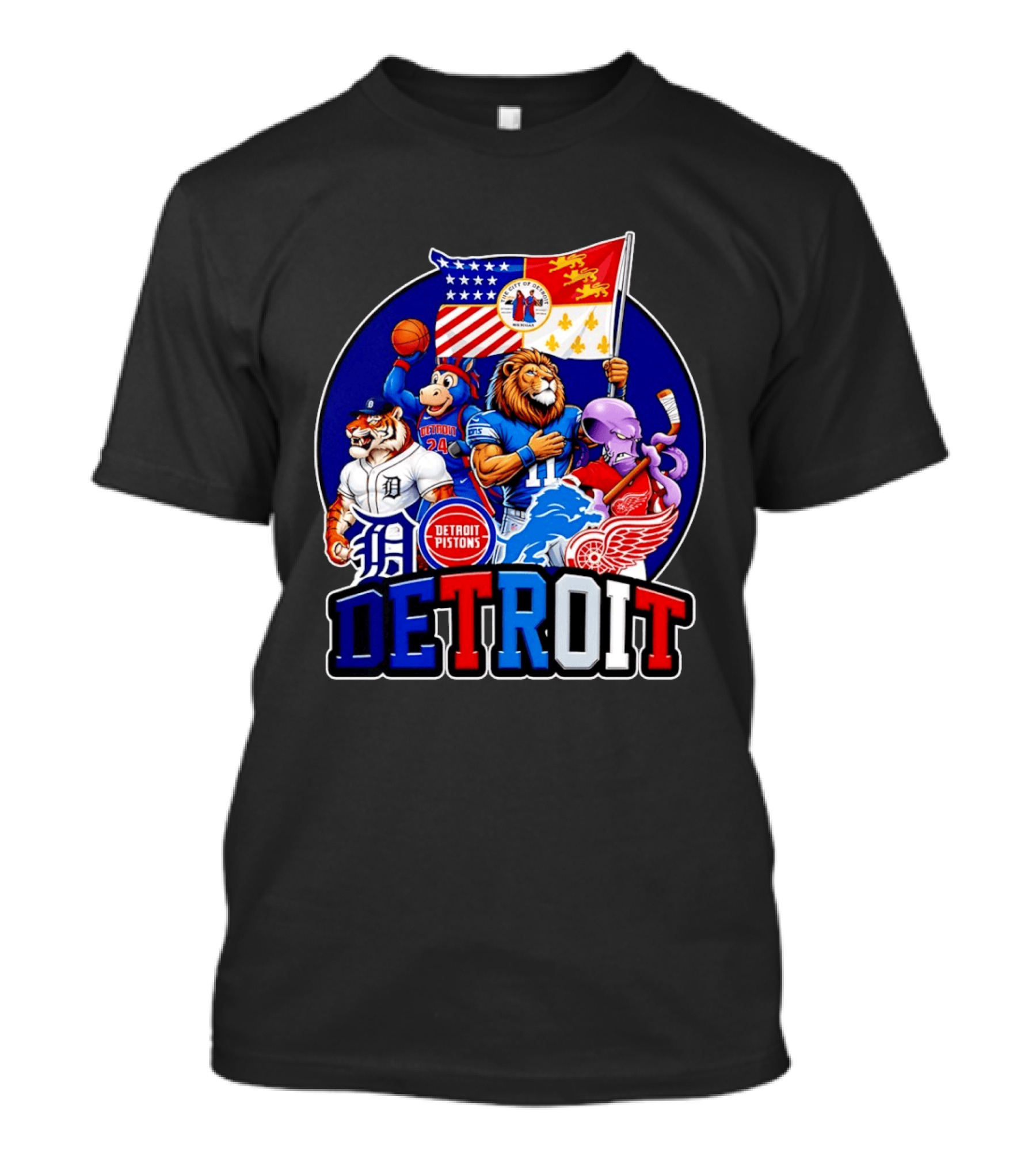 Detroit Pistons Tigers Lions Red Wings City Of Detroit Sports Mascots T-Shirt