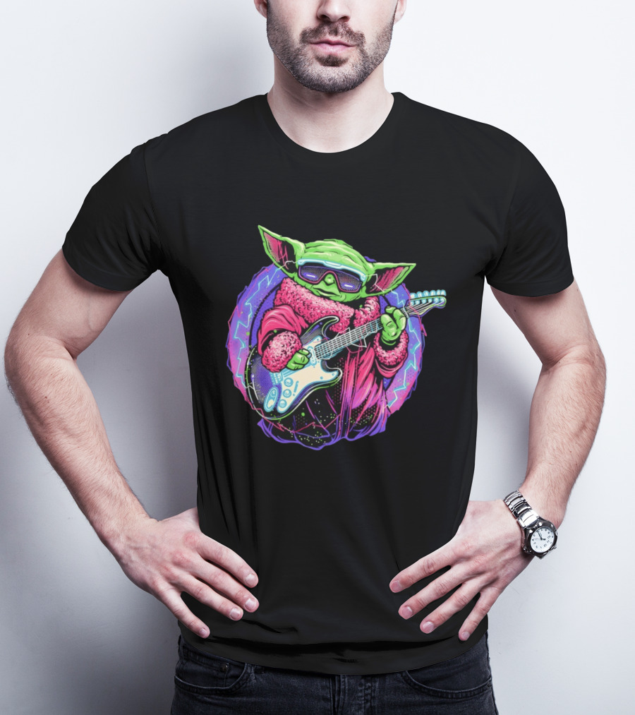 Grogu Electric Galaxy Guitar Blue Neon Lightning T-Shirt