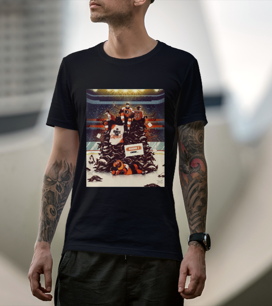 Philadelphia Flyers Ignite The Orange Round 2 Loading Cartoon Hockey Battle T-Shirt