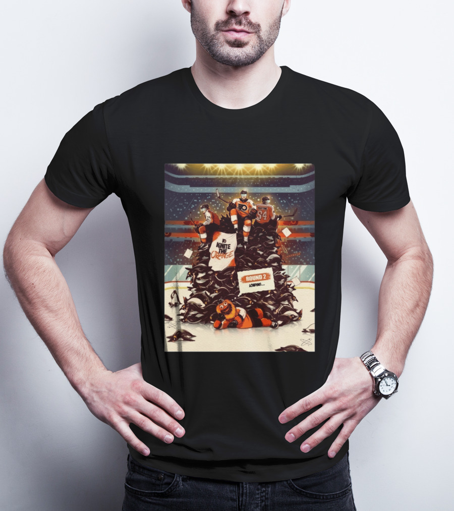 Philadelphia Flyers Ignite The Orange Round 2 Loading Cartoon Hockey Battle T-Shirt
