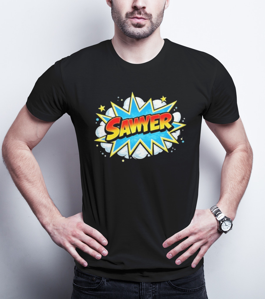 Sawyer Comic Book Style Burst Name With Stars And Clouds T-Shirt