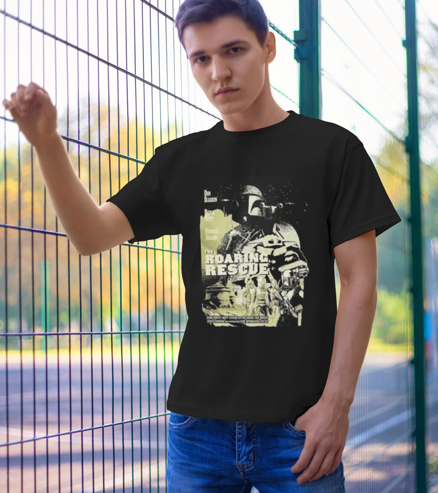 Heroes Villains Star Wars Din Djarin Boba Fett Fennec Shand Roaring Rescue 2026 T-Shirt