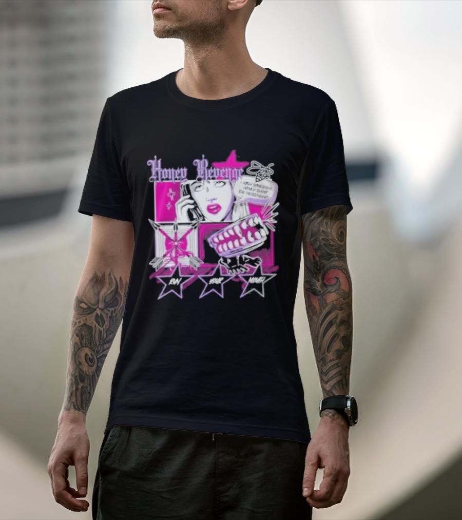 Honey Revenge Comic Style Pink And Black Lips Starburst T-Shirt