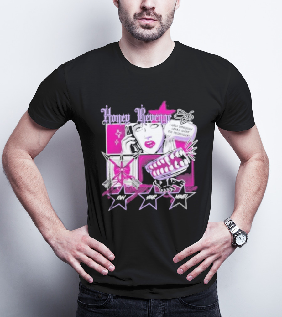 Honey Revenge Comic Style Pink And Black Lips Starburst T-Shirt