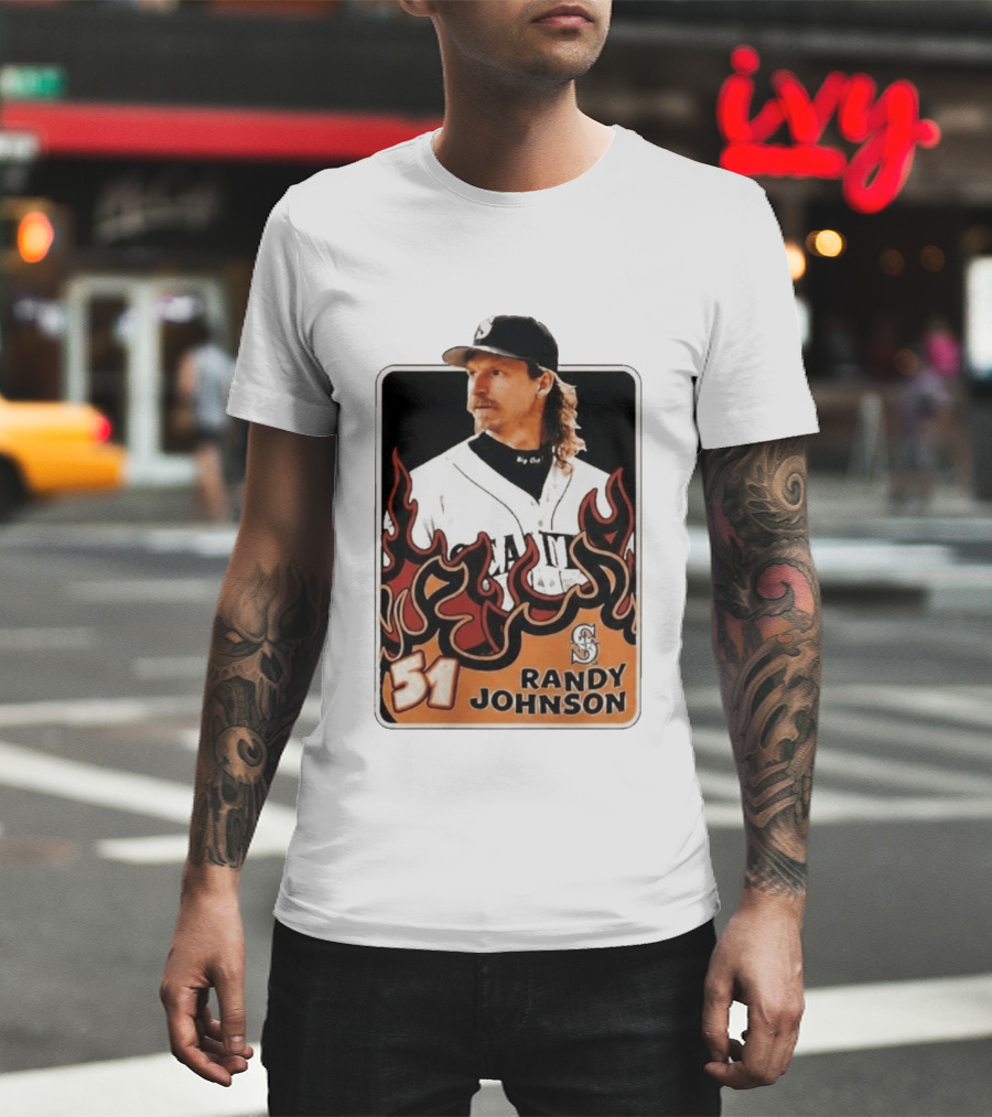 Seattle Mariners Randy Johnson Big Unit 51 MLB Baseball Flames T-Shirt