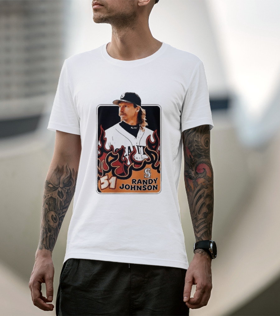 Seattle Mariners Randy Johnson Big Unit 51 MLB Baseball Flames T-Shirt