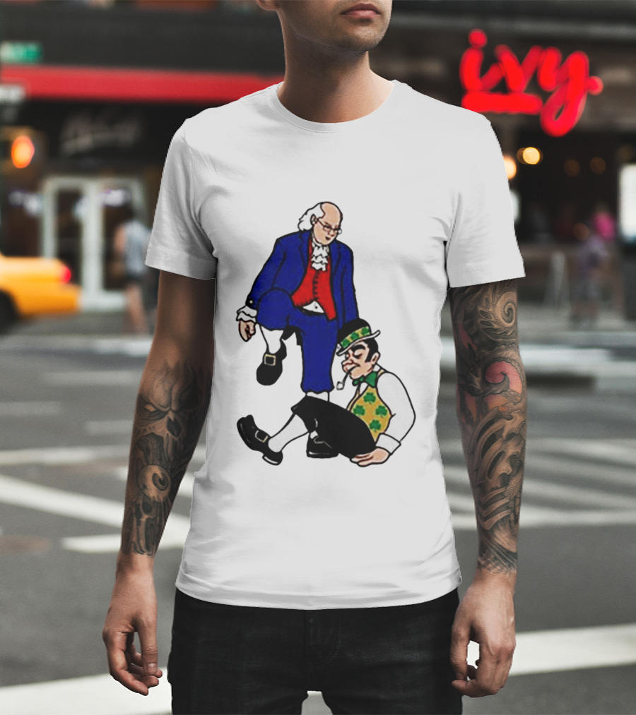 Ben Franklin Stepover Cartoon Colonial Vs Leprechaun T-Shirt