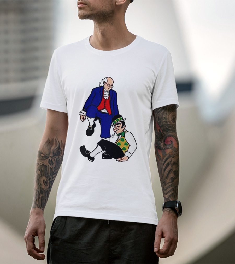 Ben Franklin Stepover Cartoon Colonial Vs Leprechaun T-Shirt