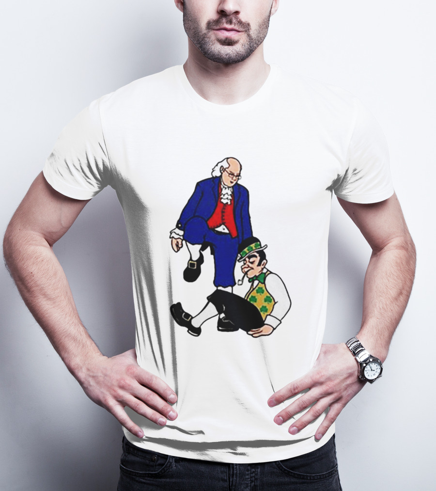 Ben Franklin Stepover Cartoon Colonial Vs Leprechaun T-Shirt