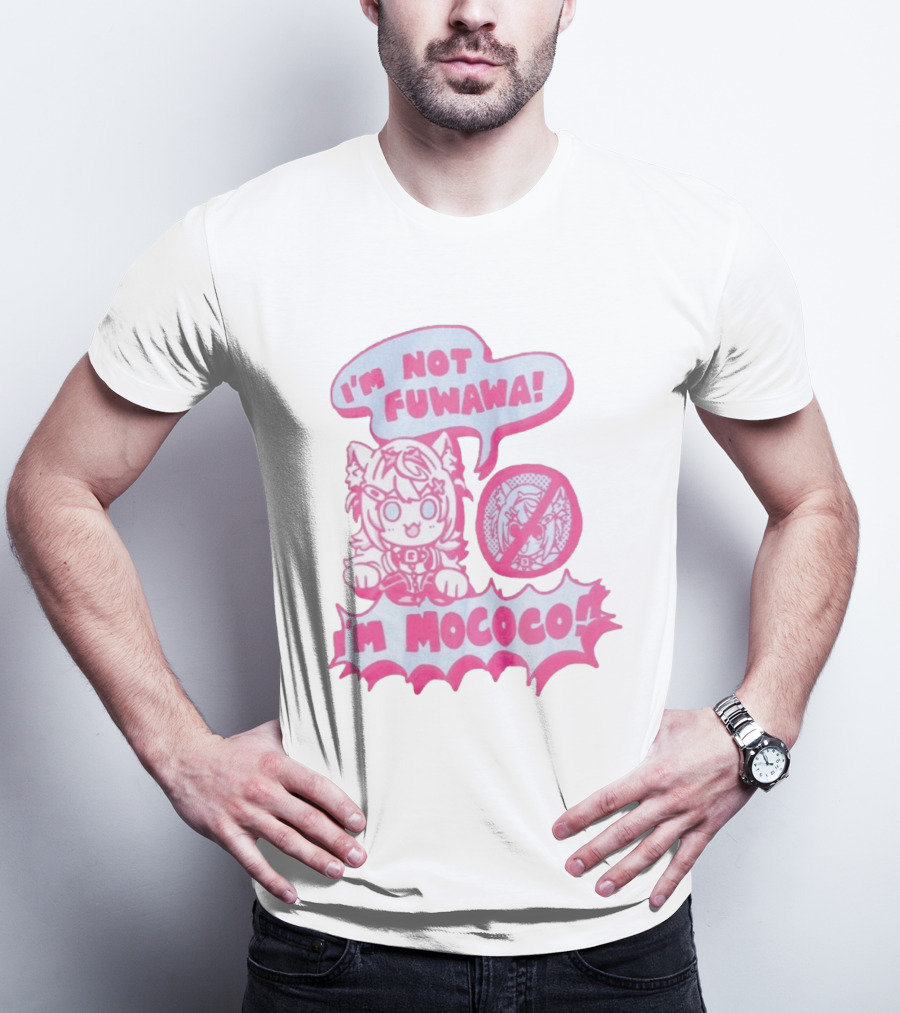 I'm Not Fuwawa I'm Mococo Anime Character Expression Pink And White Speech Bubbles T-Shirt