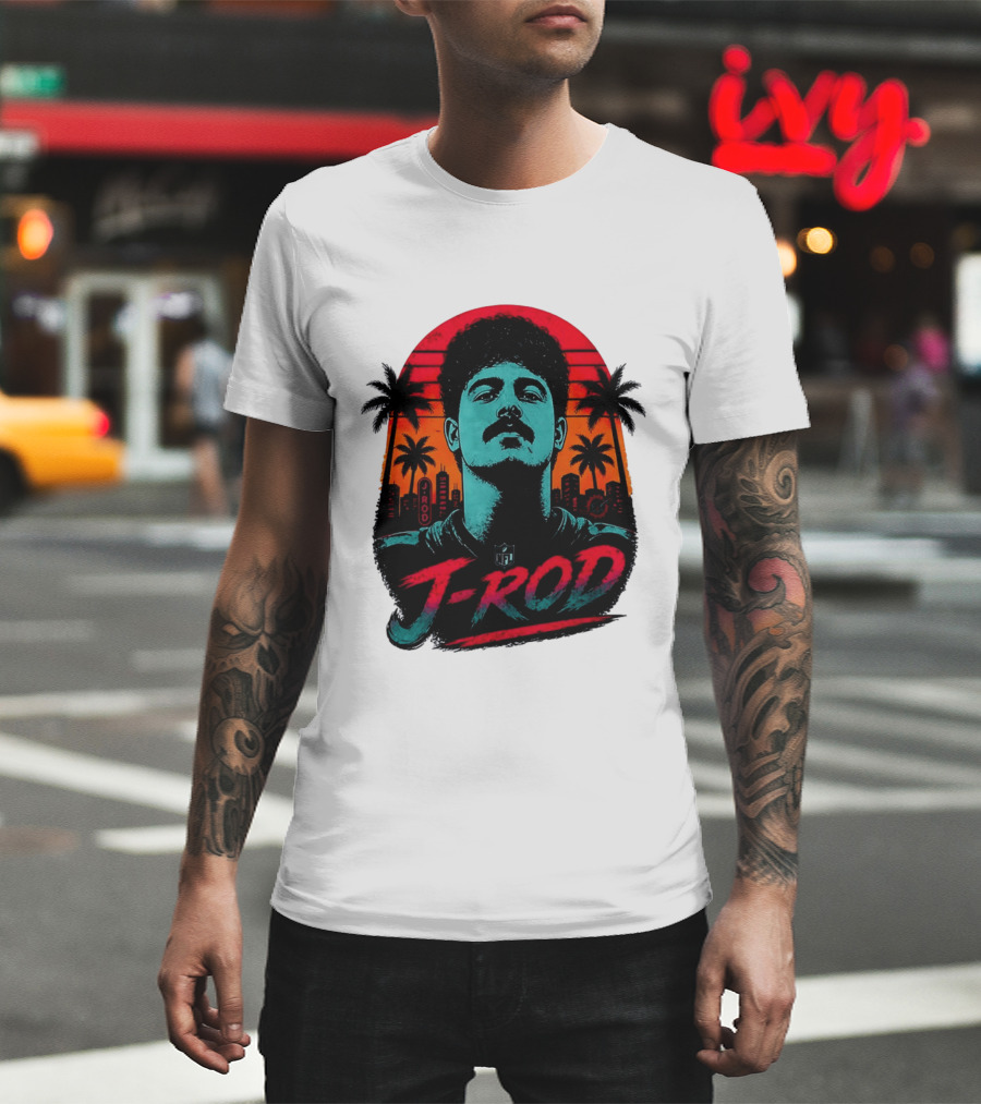 J Rod Retro Sunset Vibes With NFL And Palm Trees T-Shirt