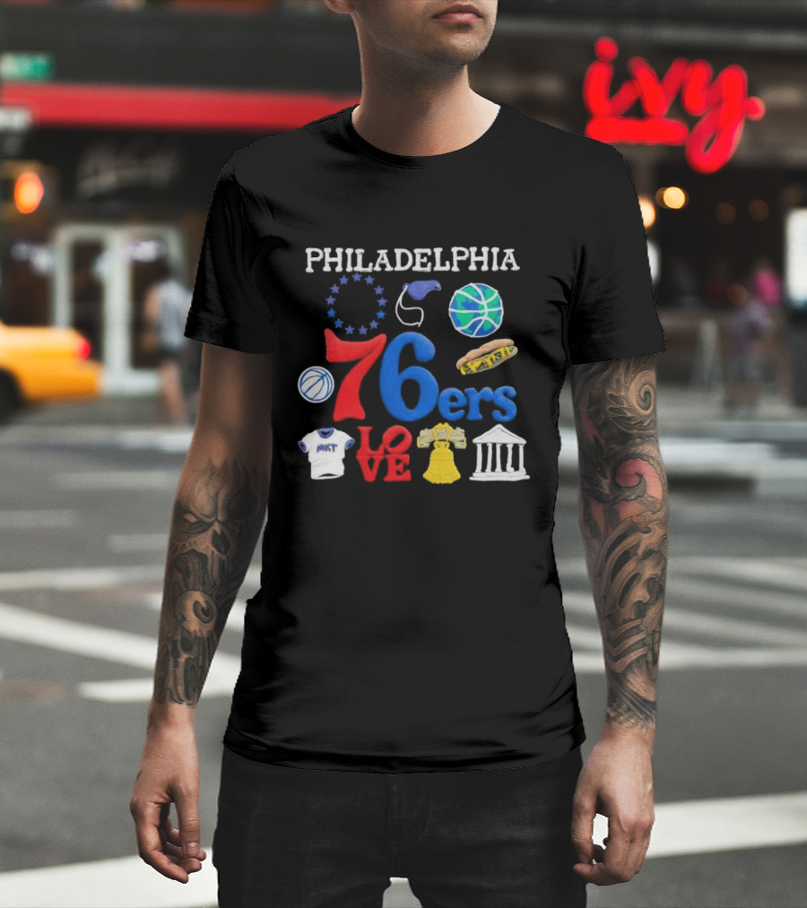 Philadelphia 76ers Claymation Icons Hot Dog Liberty Bell Basketball LOVE Statue City T-Shirt