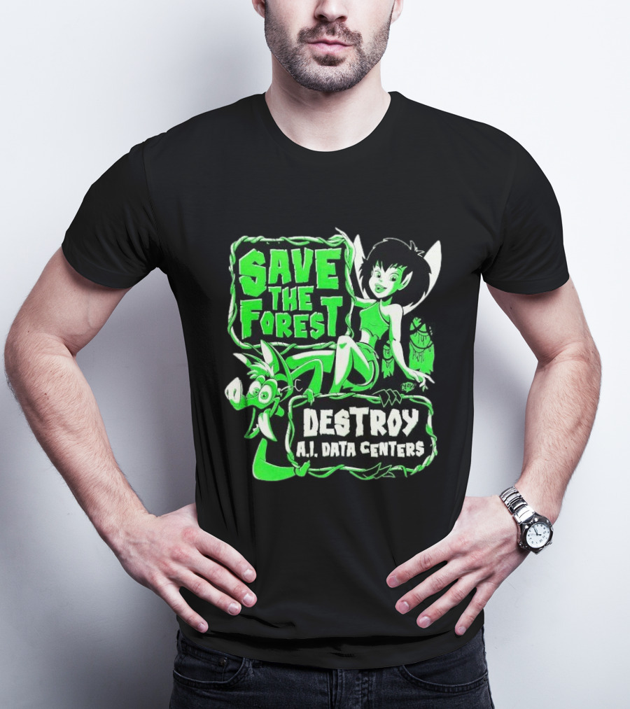 Save The Forest Destroy A.I. Data Centers Cartoon Fairy And Boar T-Shirt