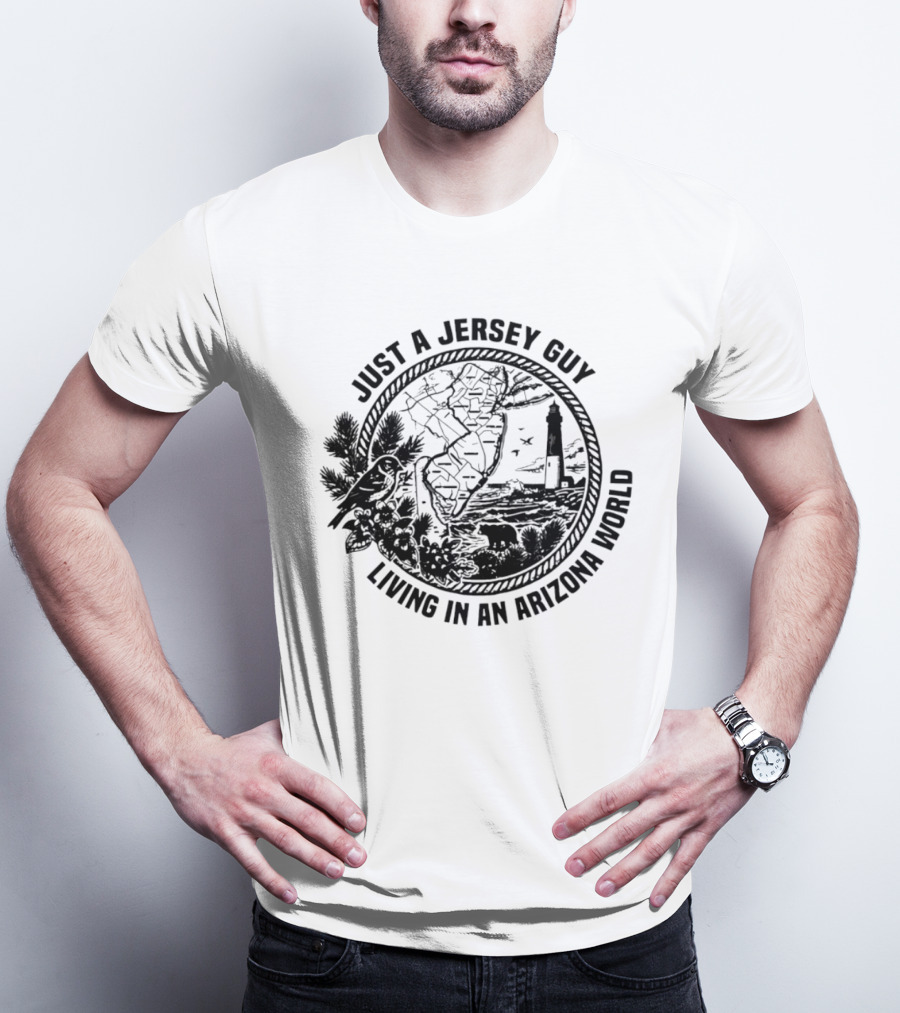 Just A Jersey Guy Living In An Arizona World Historical Lighthouse And State Map T-Shirt