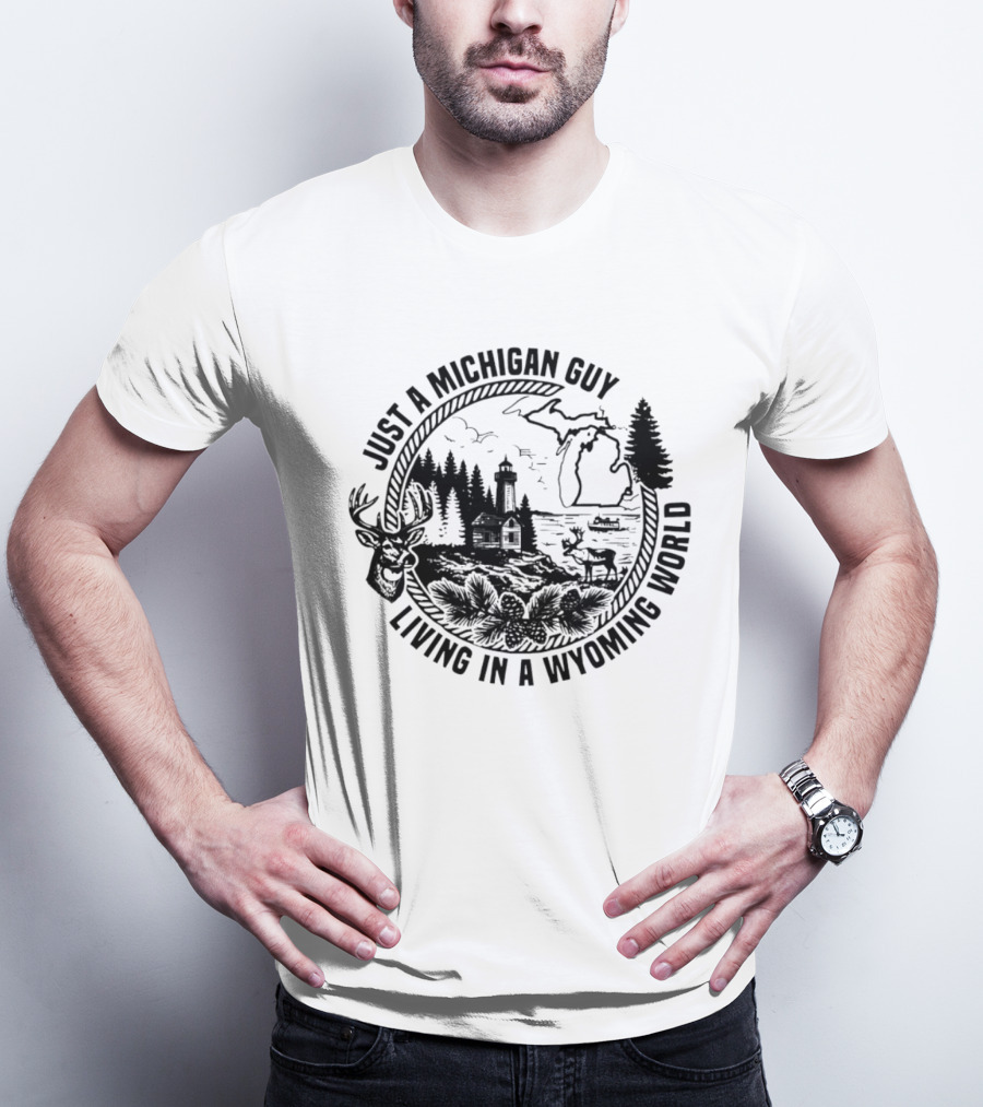 Just A Michigan Guy Living In A Wyoming World Deer Lighthouse Nature Map T-Shirt