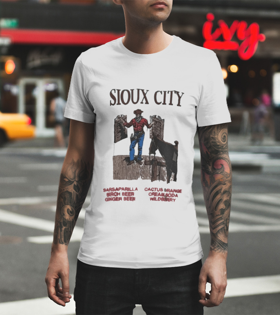 Sioux City Sarsaparilla Birch Beer Ginger Beer Cactus Orange Cream Cola Wildberry Cowboy Saloon Scene T-Shirt