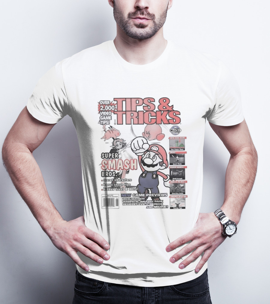 Super Smash Bros Over 2000 Video Game Tips And Tricks Retro Cover Mario Kirby Characters T-Shirt