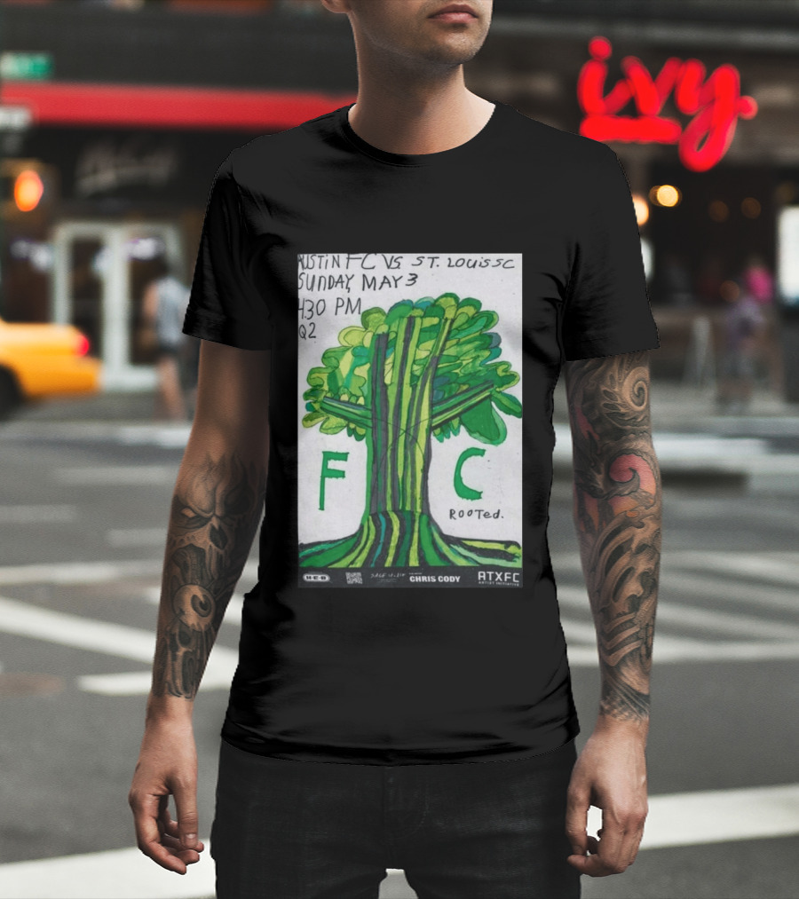 Austin FC Vs ST. Louis SC May 3 4:30 PM Q2 Rooted ATXFC Artist Initiative Chris Cody T-Shirt