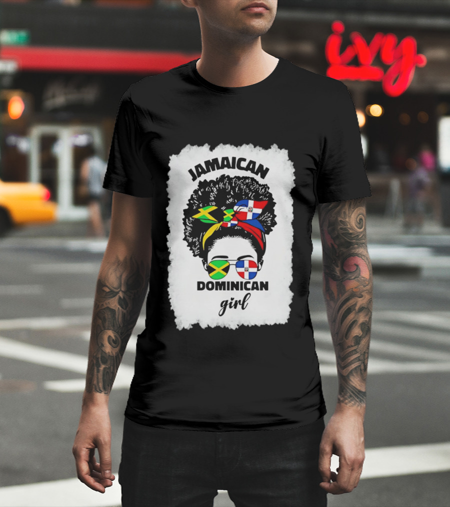Jamaican Dominican Girl Afro Headwrap Flag Sunglasses T-Shirt