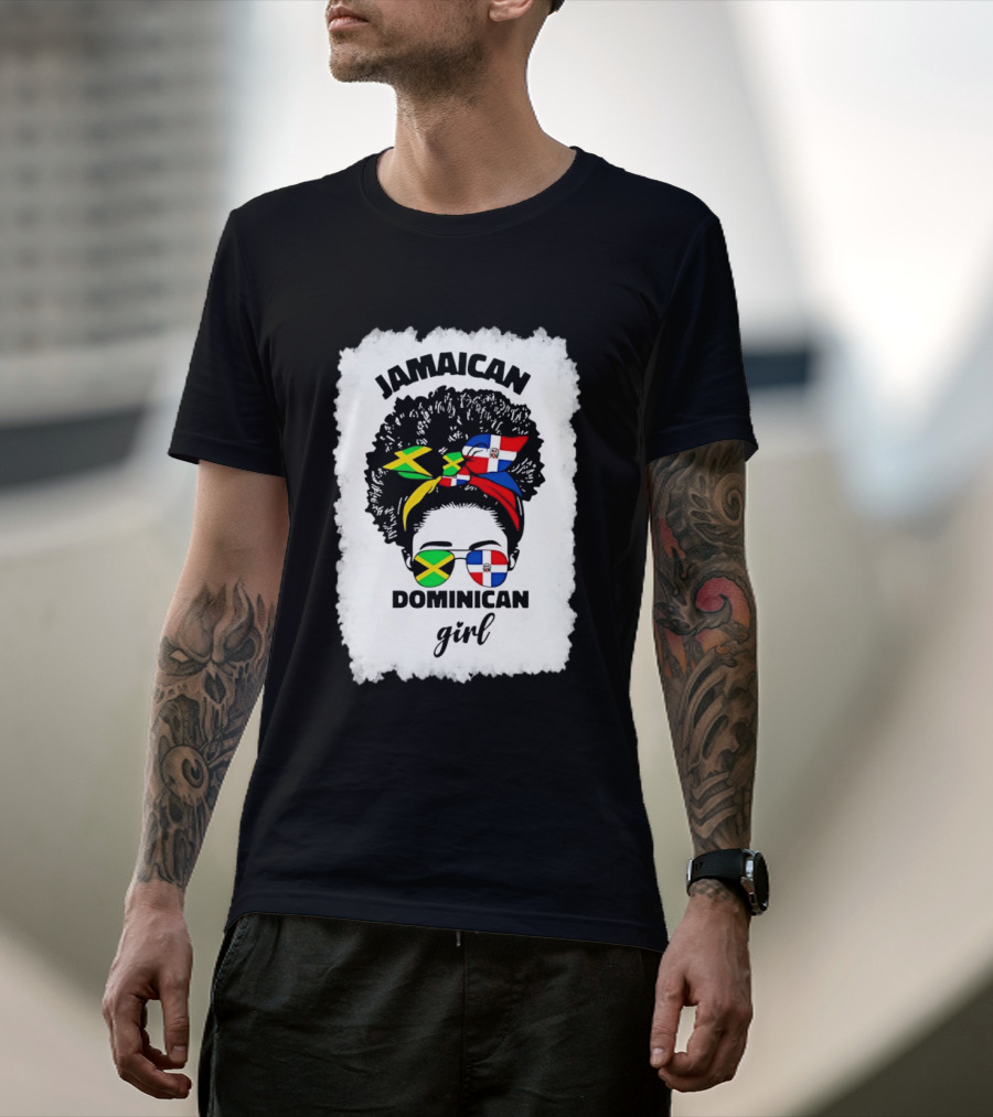 Jamaican Dominican Girl Afro Headwrap Flag Sunglasses T-Shirt