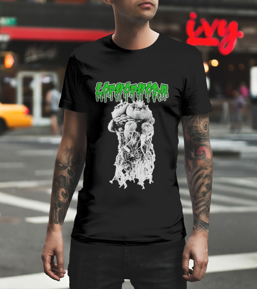 Lophophora Cactus Dripping Text With Detailed Root T-Shirt