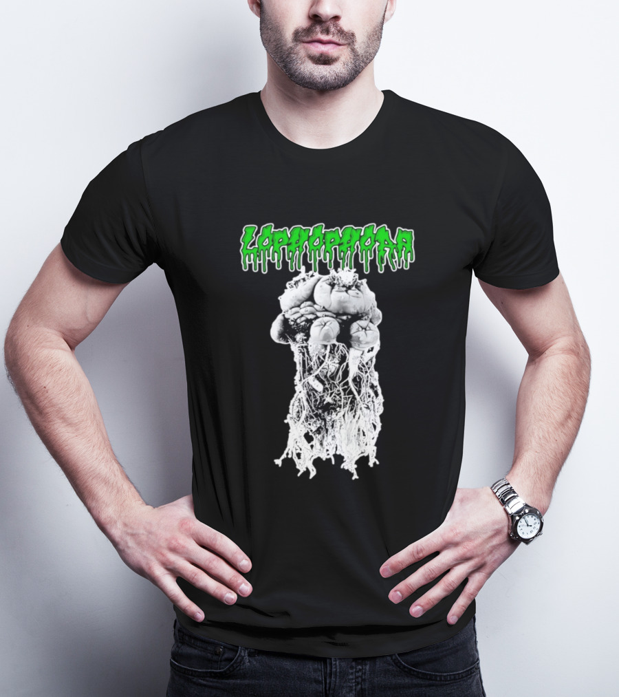 Lophophora Cactus Dripping Text With Detailed Root T-Shirt