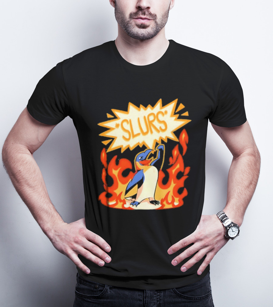 Penguin Slurs Cartoon Flaming Penguin In Fiery Speech Bubble T-Shirt